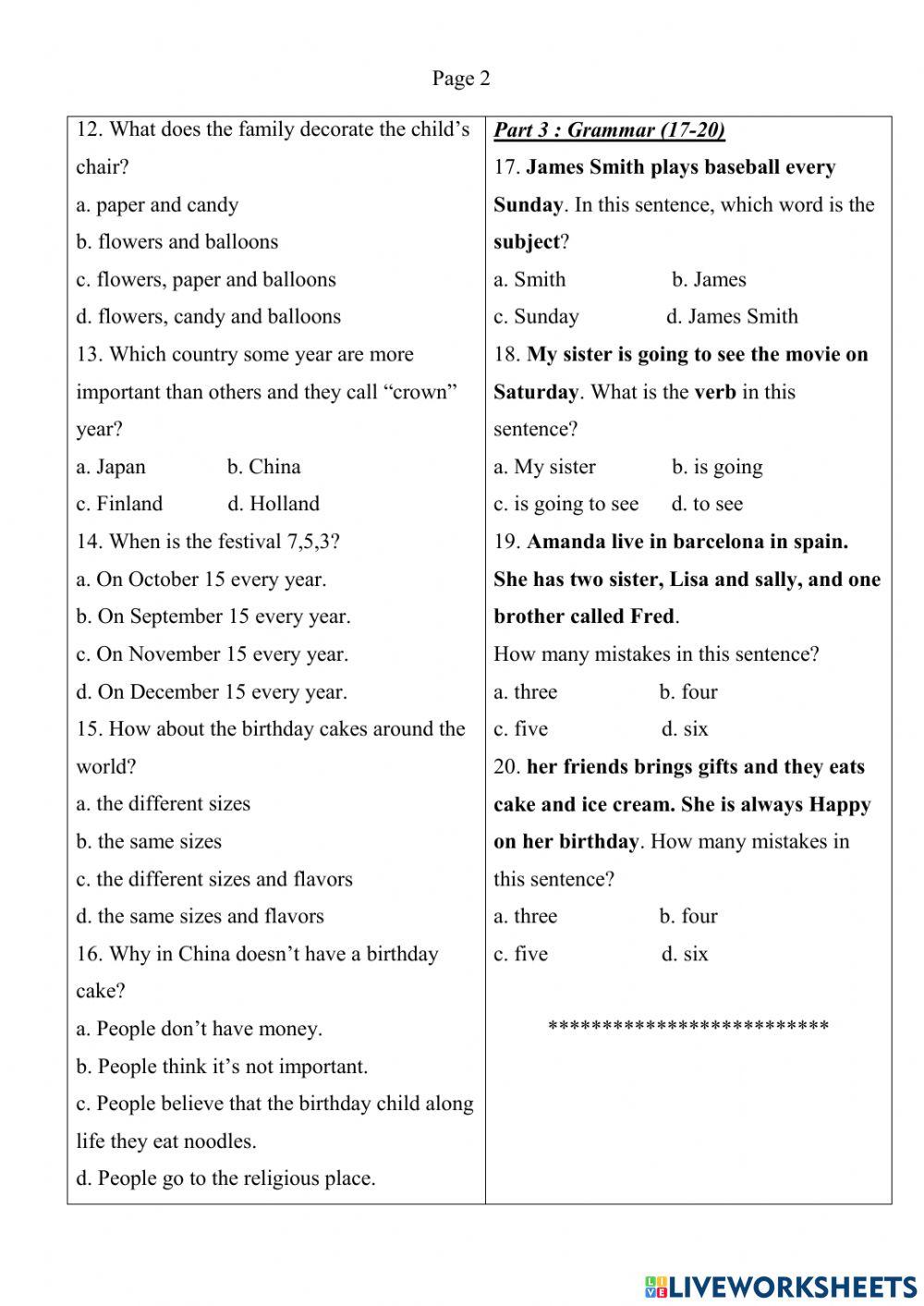 Test unit1 Special Days worksheet | Live Worksheets