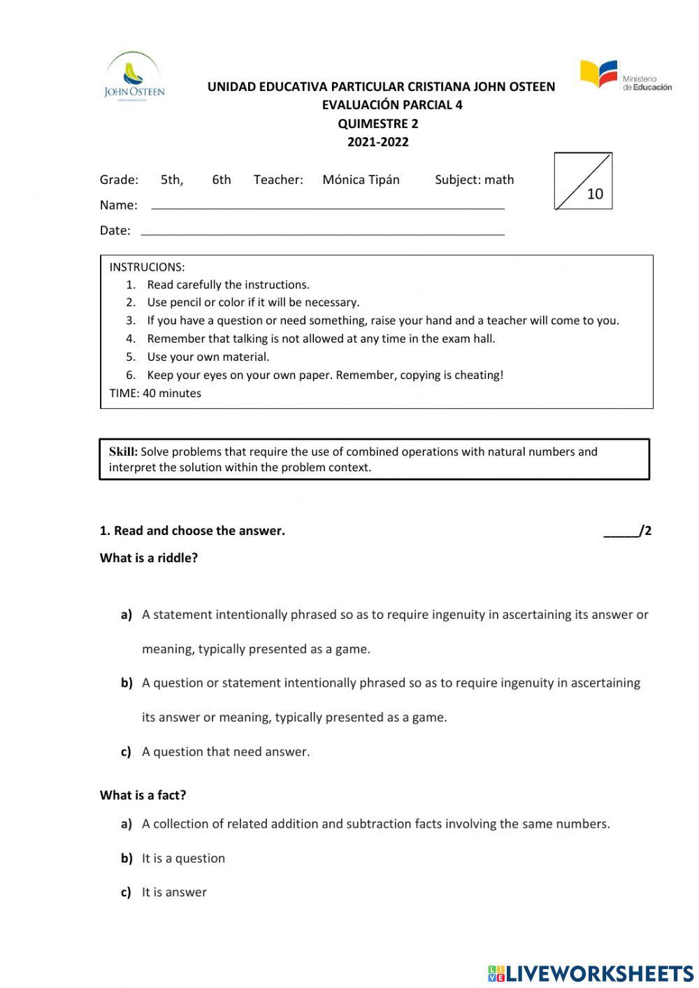 Partial evaluation interactive worksheet | Live Worksheets