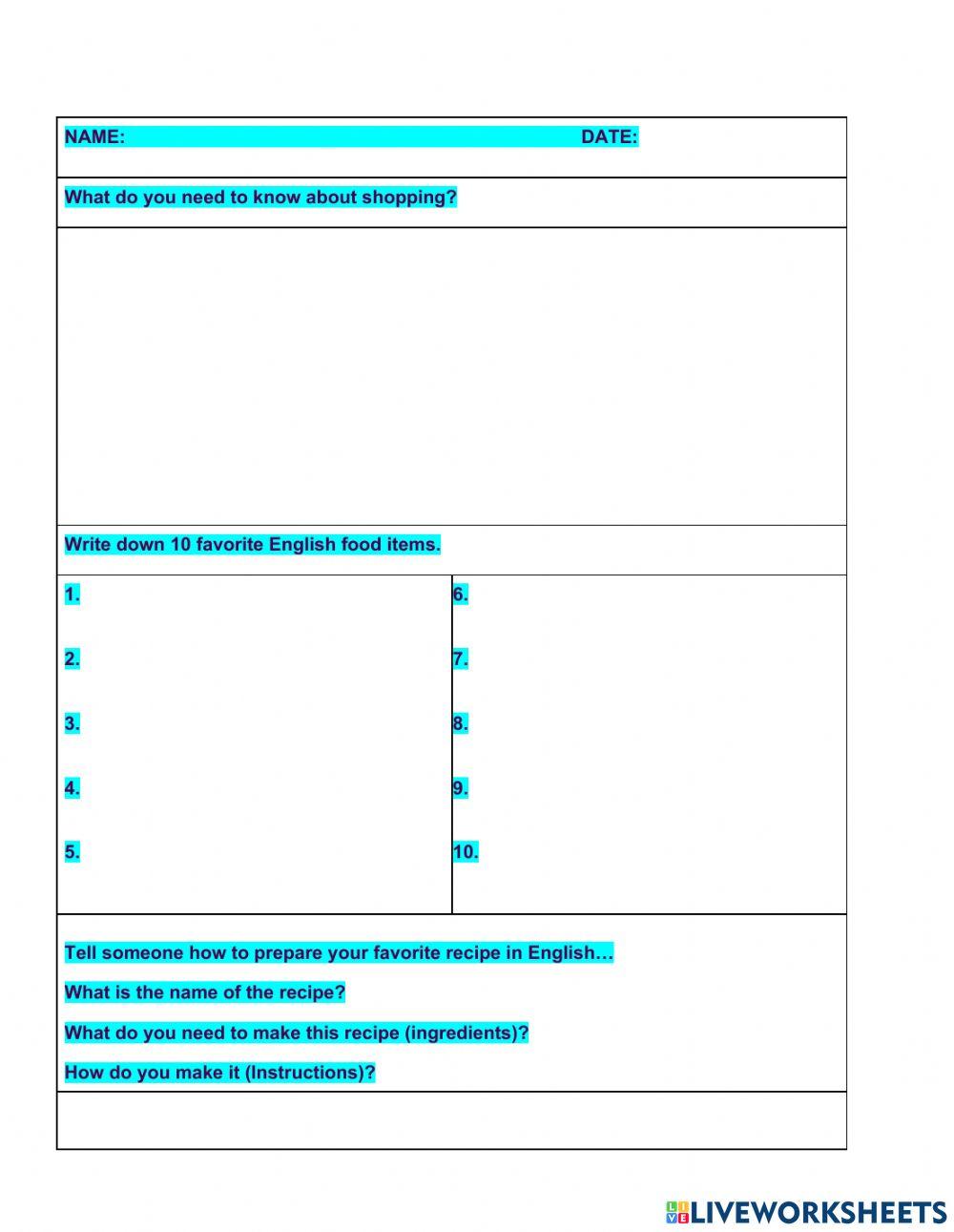 Shopping-writing 2058434 | Liz Simon | Live Worksheets