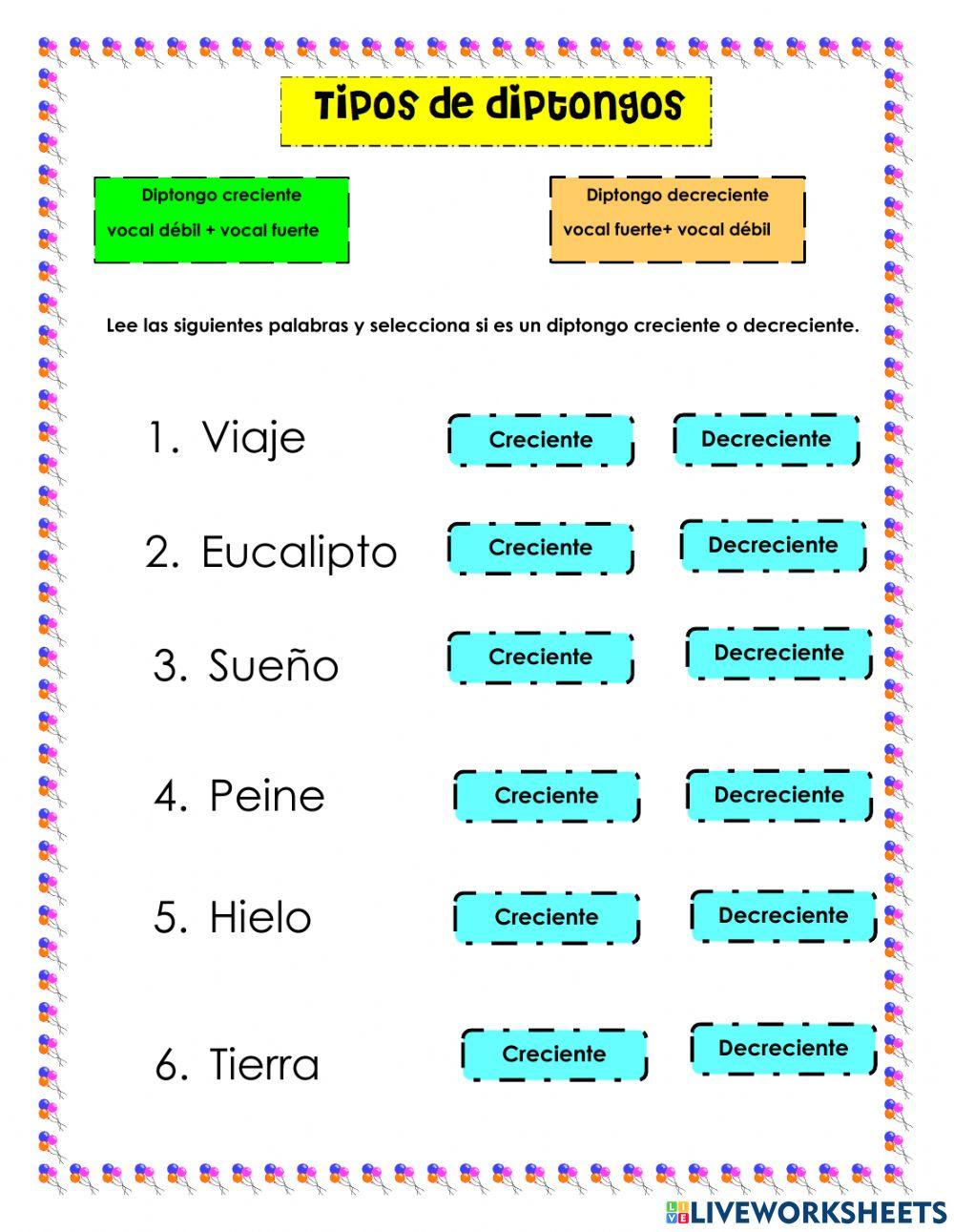 Tipos de diptongos worksheet | Live Worksheets