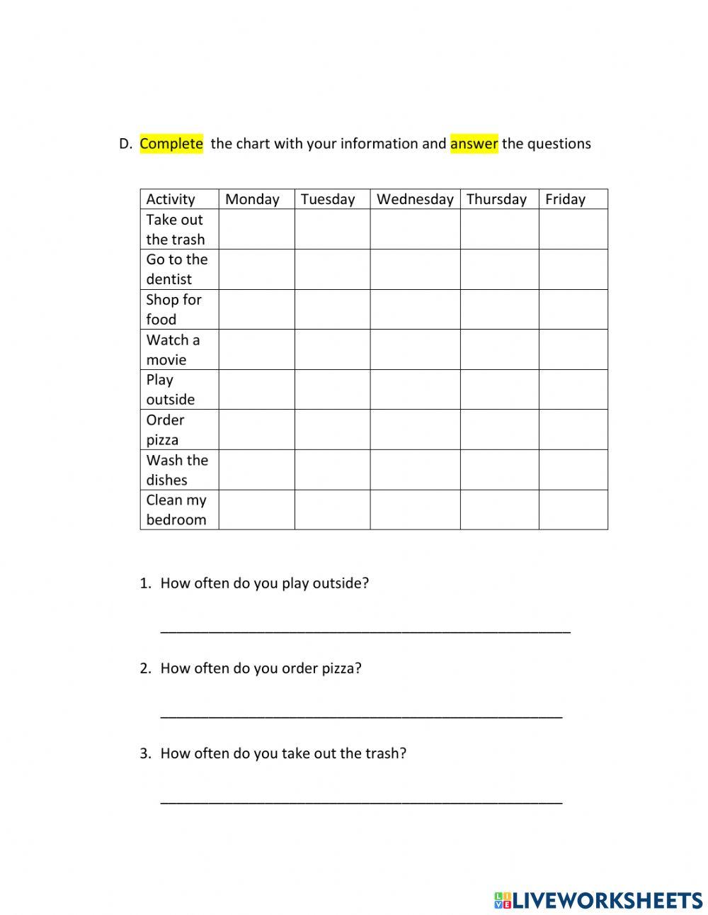 Our schedule exercise | Live Worksheets