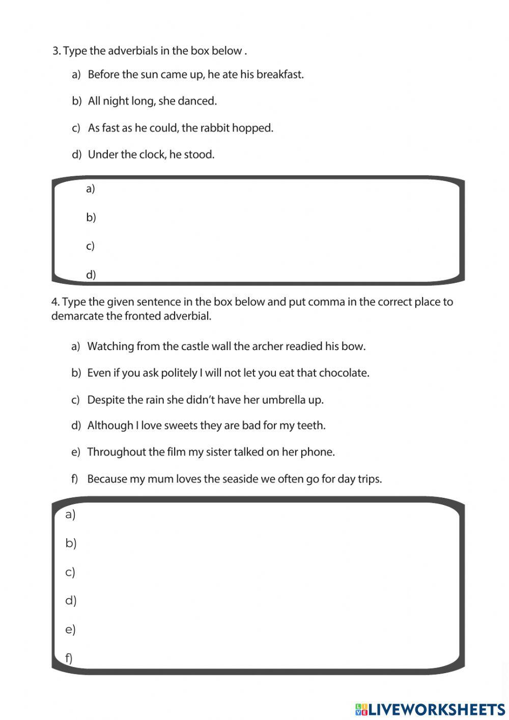 FRONTED ADVERBIALS online exercise for | Live Worksheets