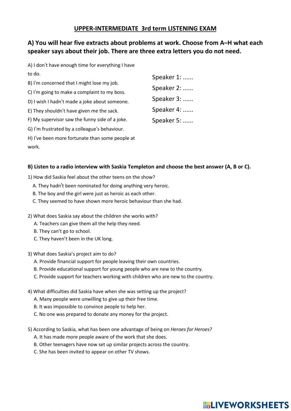 Hub UI Listening exam worksheet | Live Worksheets