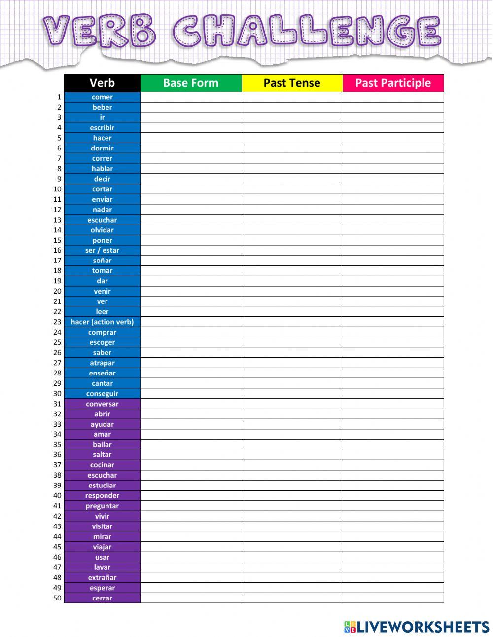 Verb Challenge worksheet | Live Worksheets