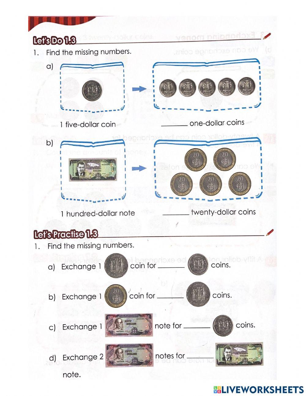 Exchanging Jamiacan Money worksheet | Live Worksheets