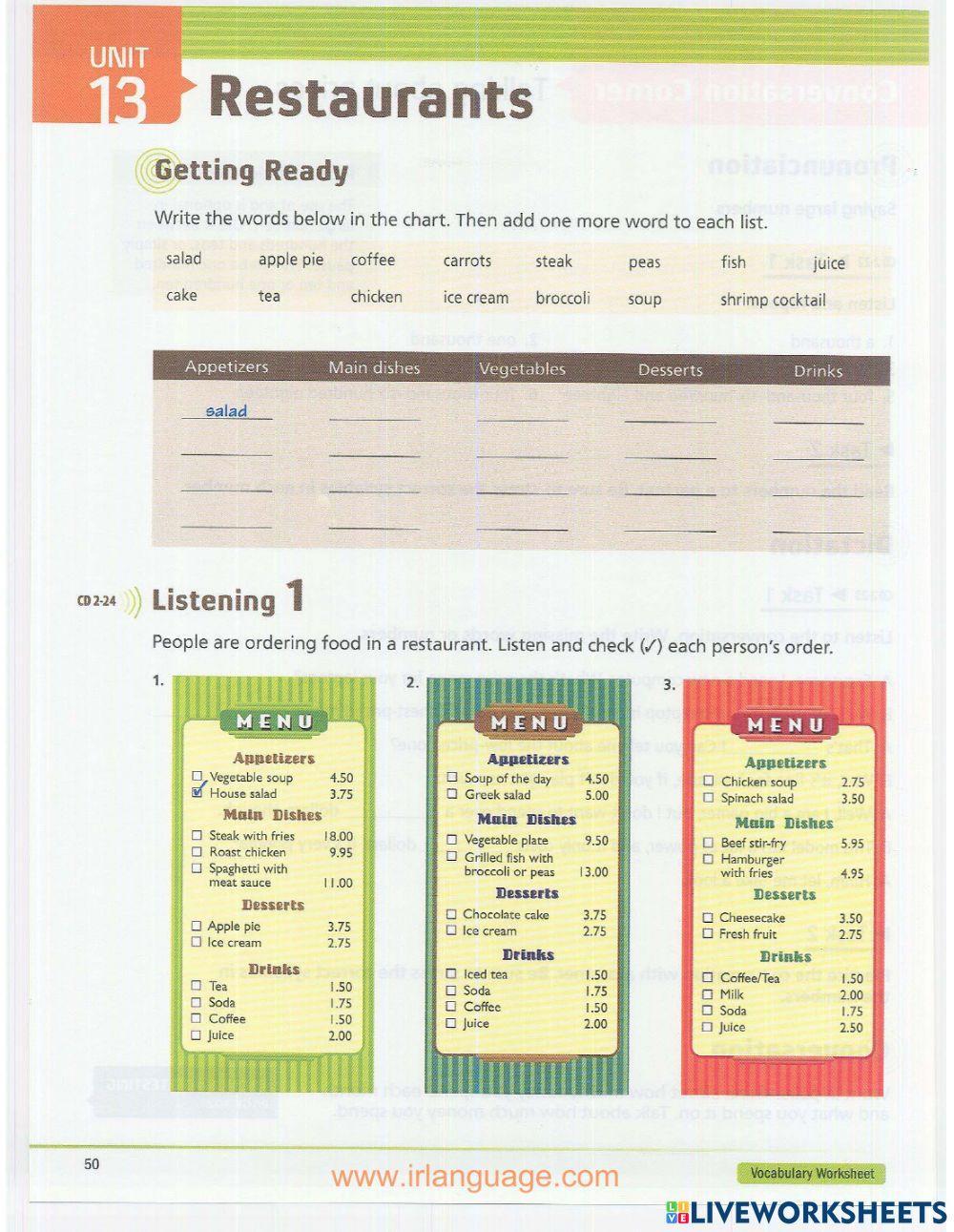 Unit 13- Restaurants worksheet | Live Worksheets