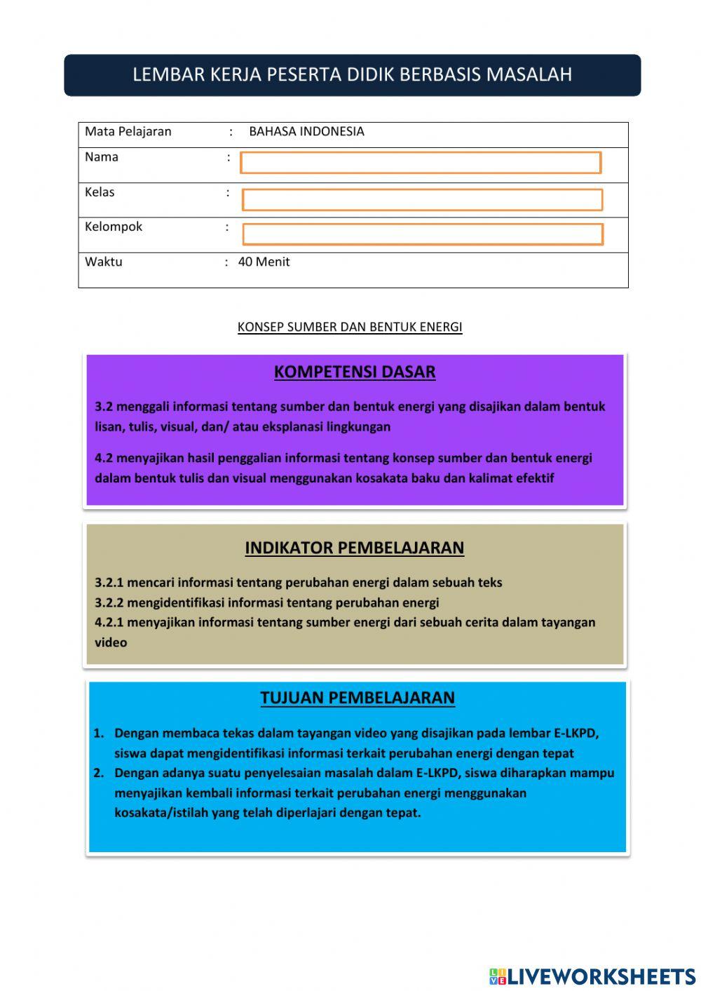 E-lkpd pbl worksheet | Live Worksheets
