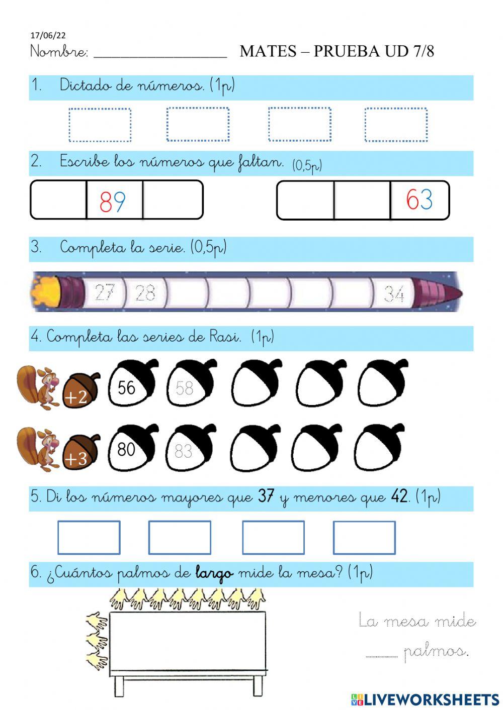 Prueba mates - numeración y suma con llevadas worksheet | Live Worksheets