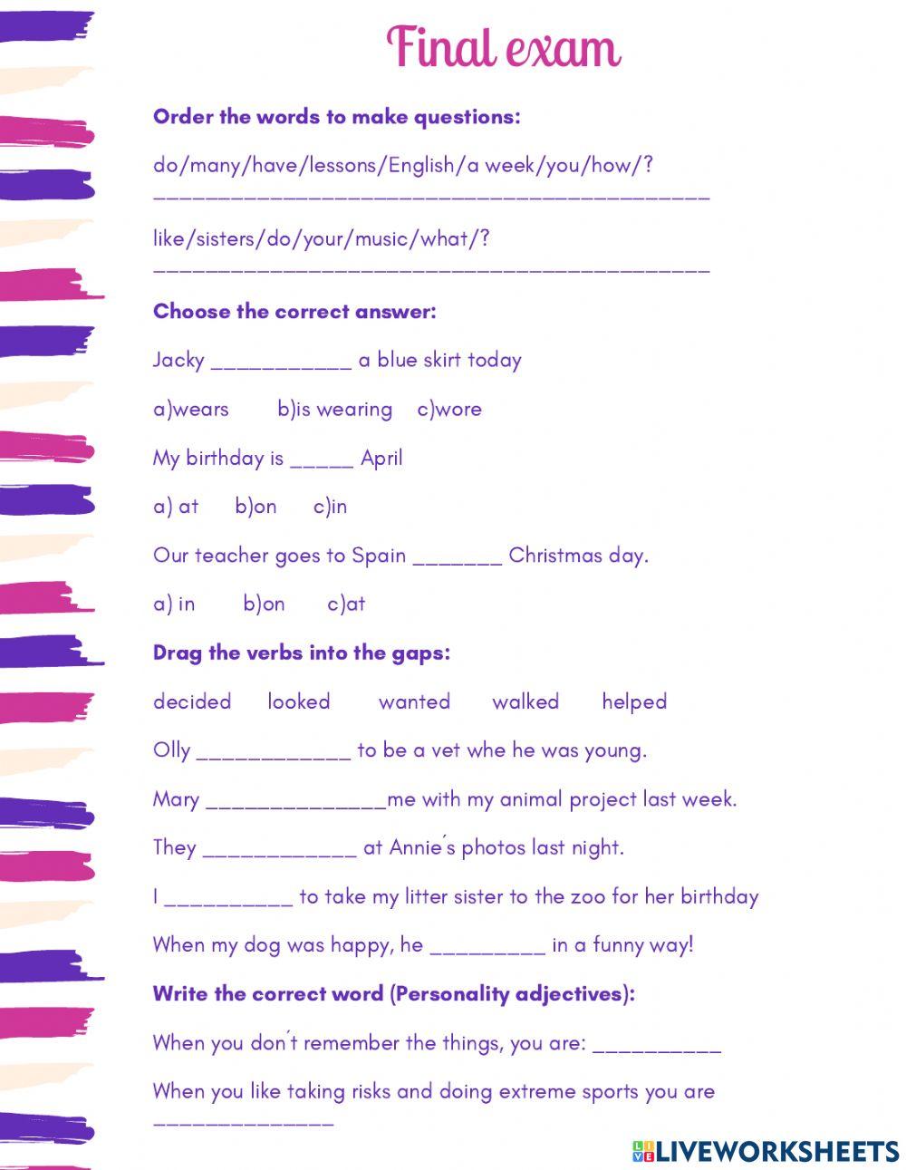 Final exam 1A worksheet | Live Worksheets