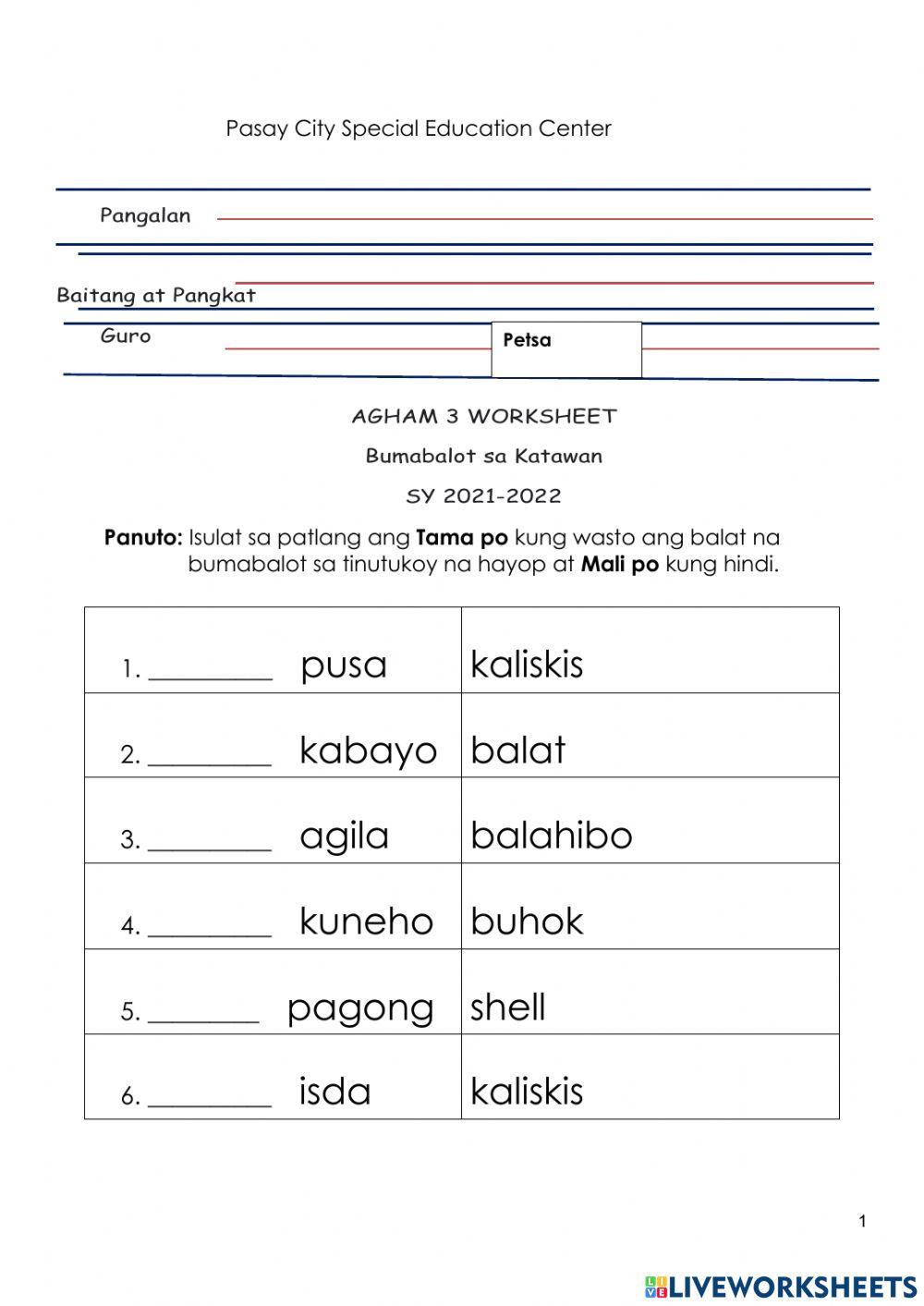 Subukin Natin-AGHAM3-Bumabalot sa katawan ng mga Hayop -Worksheet 2 ...