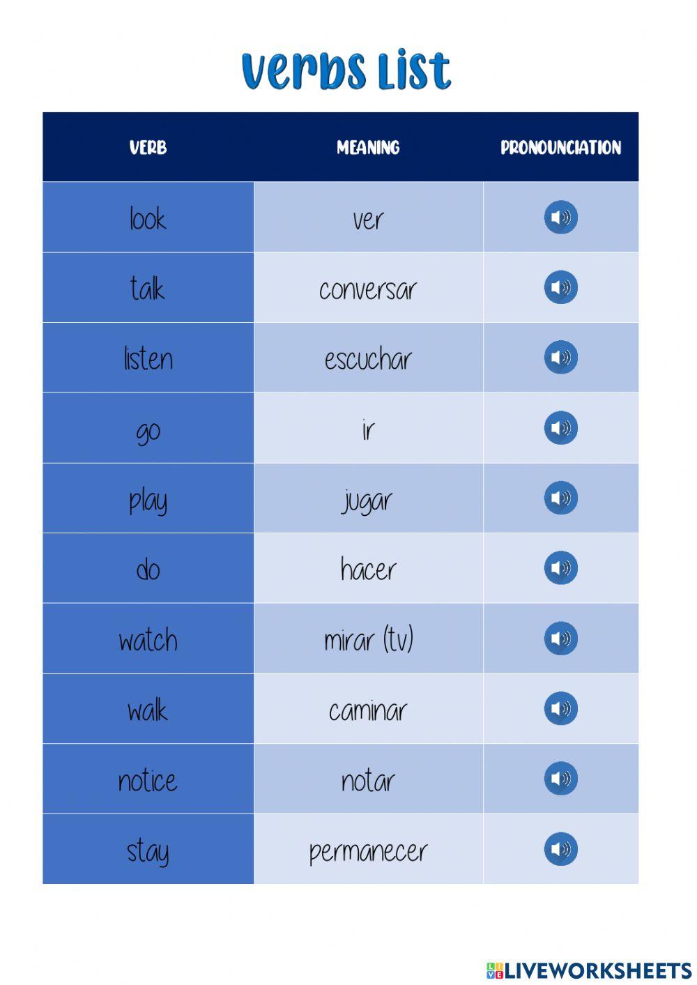 Verbs list exercise | Live Worksheets