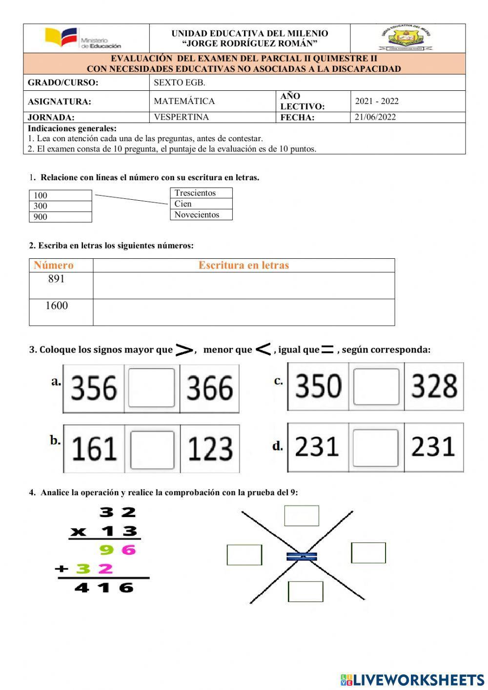 EXAMEN DE MATEM… | Free Interactive Worksheets | 3951912