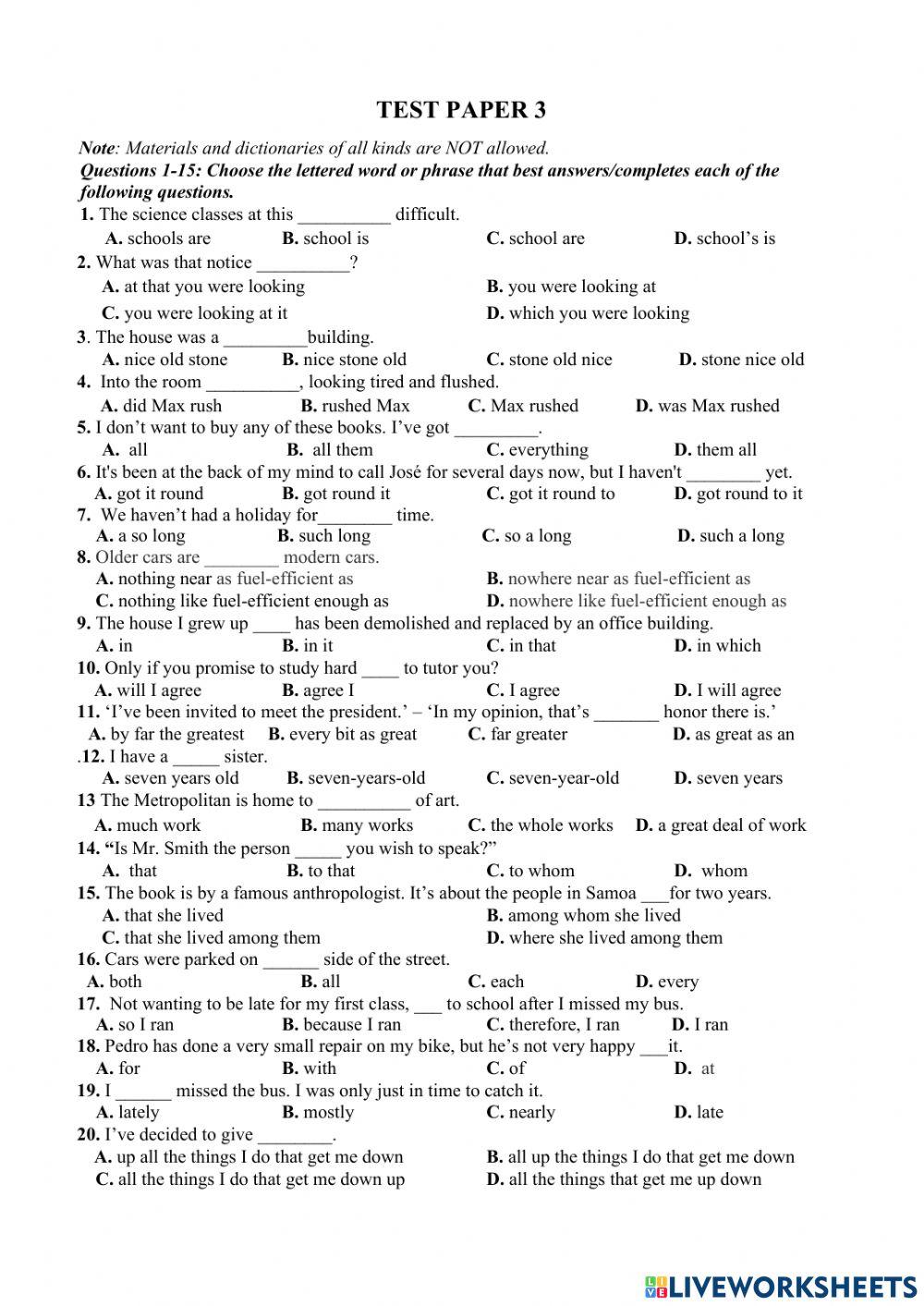 GRAMMAR-TEST PAPER 3 online exercise for | Live Worksheets