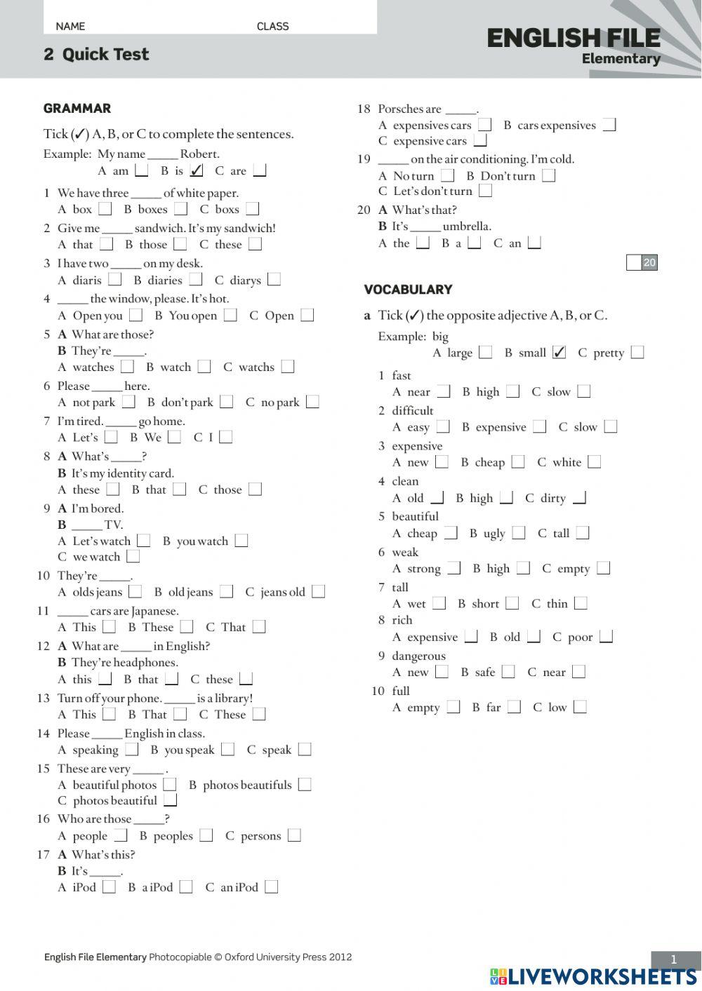 ELEMENTARY TEST ENGLISH FILE UNIT 2 6885343 | MISSKELLY