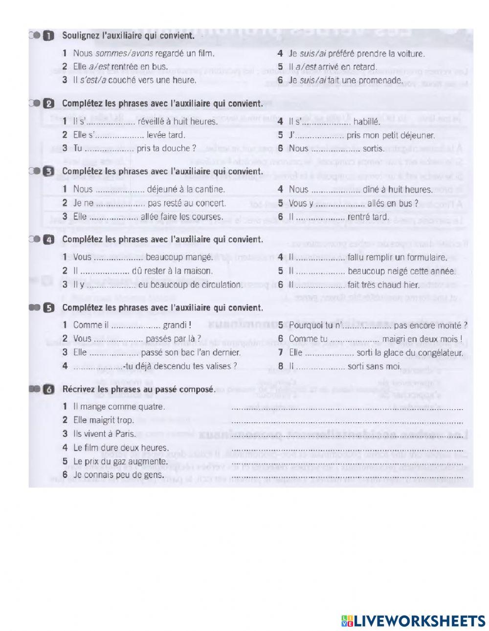 Le passé composé online pdf exercise for A2 | Live Worksheets