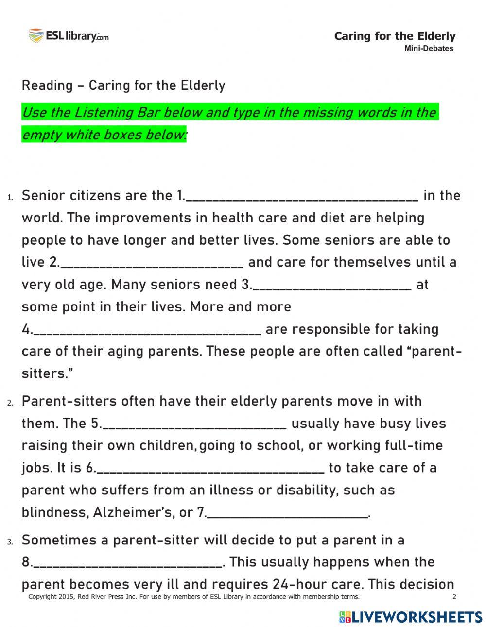 Caring for the Elderly Lesson (Level 6-7) online exercise for | Live ...