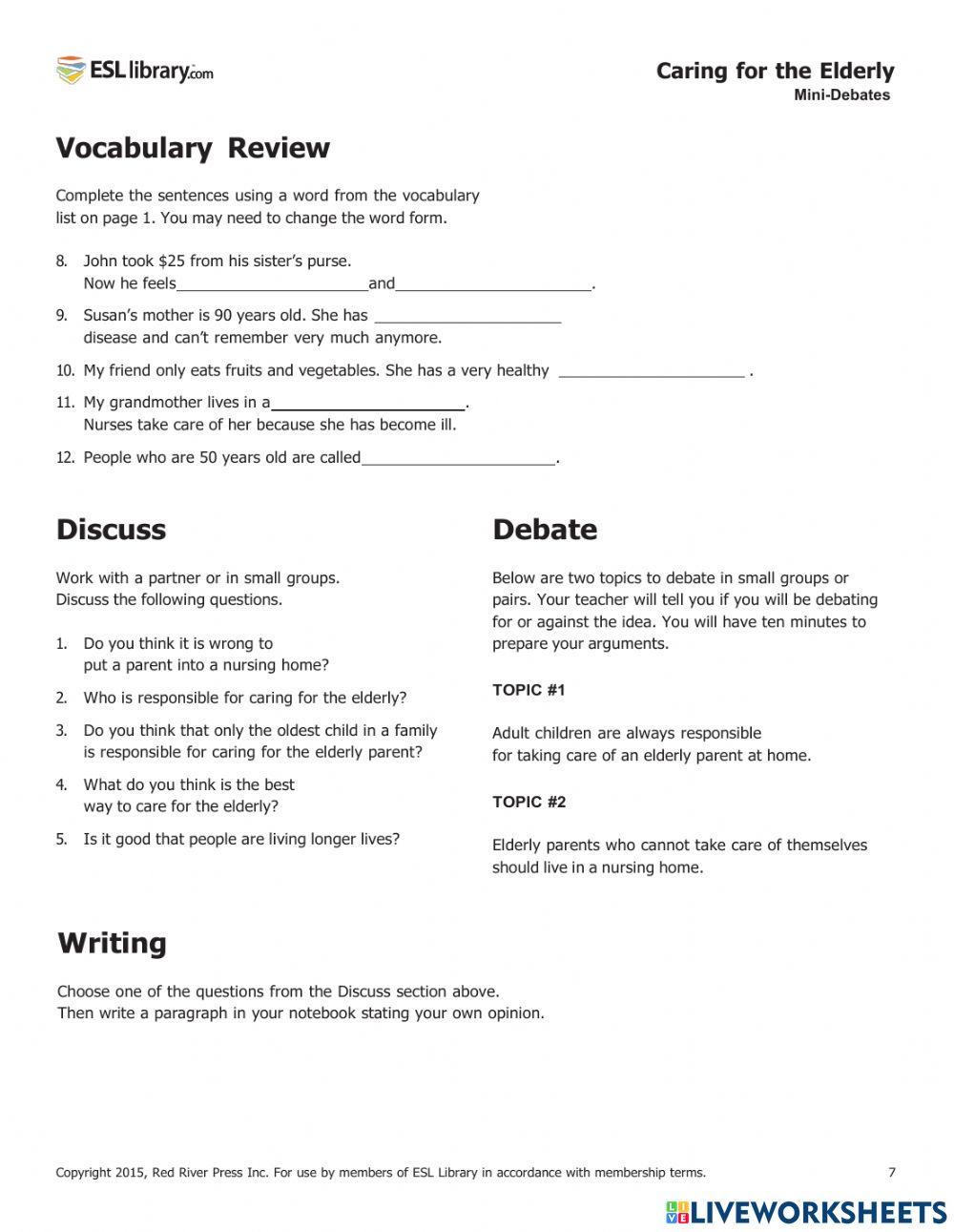 Caring for the Elderly Lesson (Level 6-7) online exercise for | Live ...