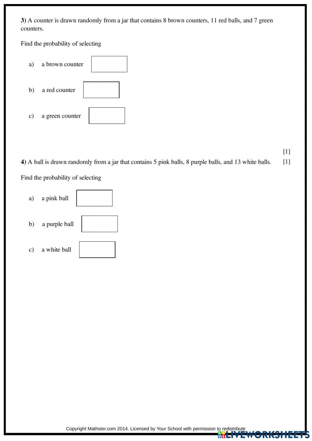 Probability Bag online exercise for | Live Worksheets