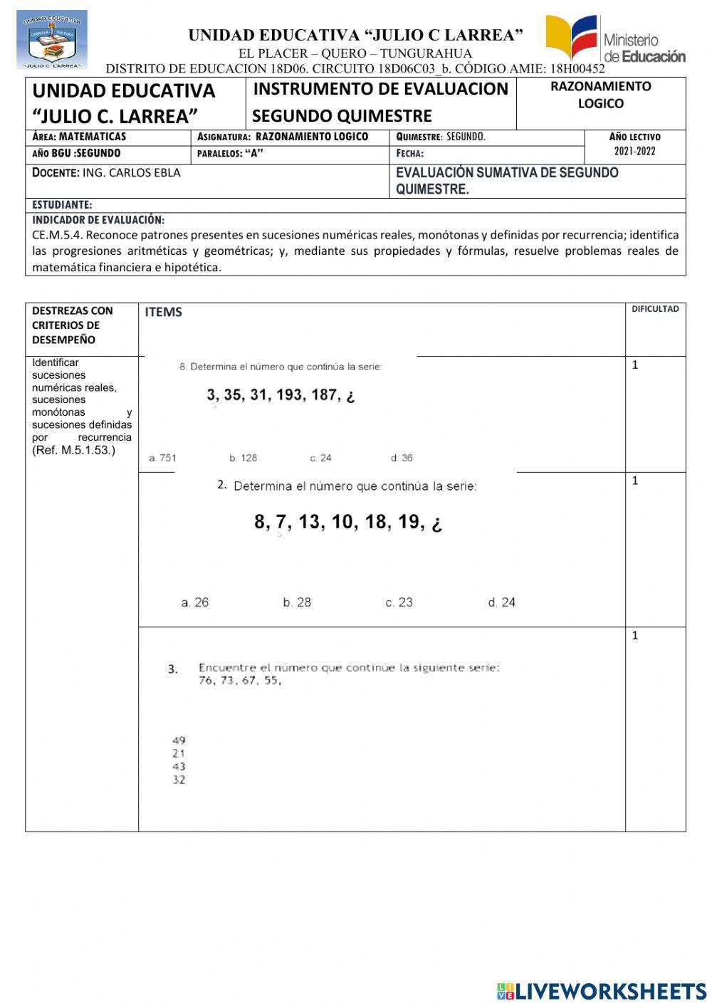 Razonamiento matematico 2077683 | CARLOS EBLA | Live