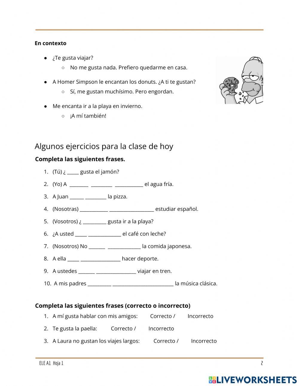 ELE A1 24 El verbo -gustar- online exercise for | Live Worksheets