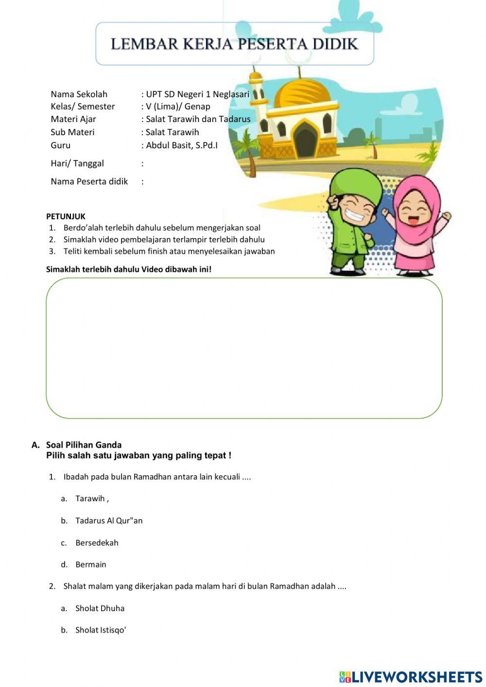 LKPD SHALAT TARAWIH DAN TADARUS SUB SHALAT TARAWIH online exercise for ...