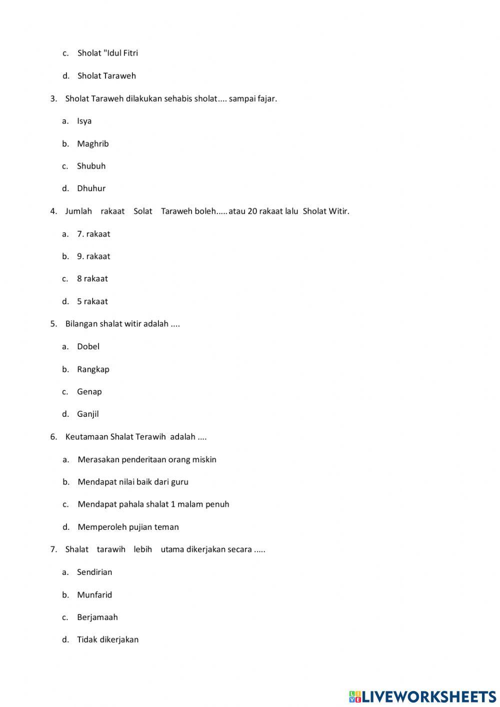 LKPD SHALAT TARAWIH DAN TADARUS SUB SHALAT TARAWIH online exercise for ...