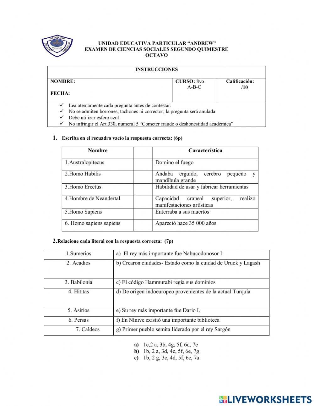 Examen 8vo 2q worksheet | Live Worksheets