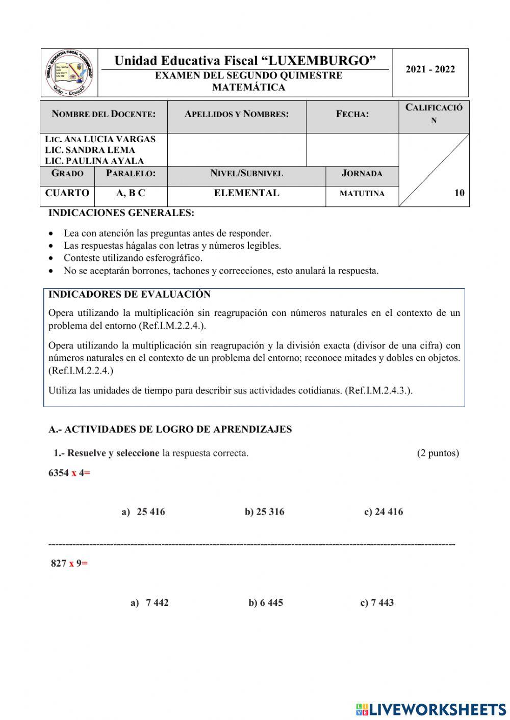 Examen matemática Matemáticas activity | Live Worksheets