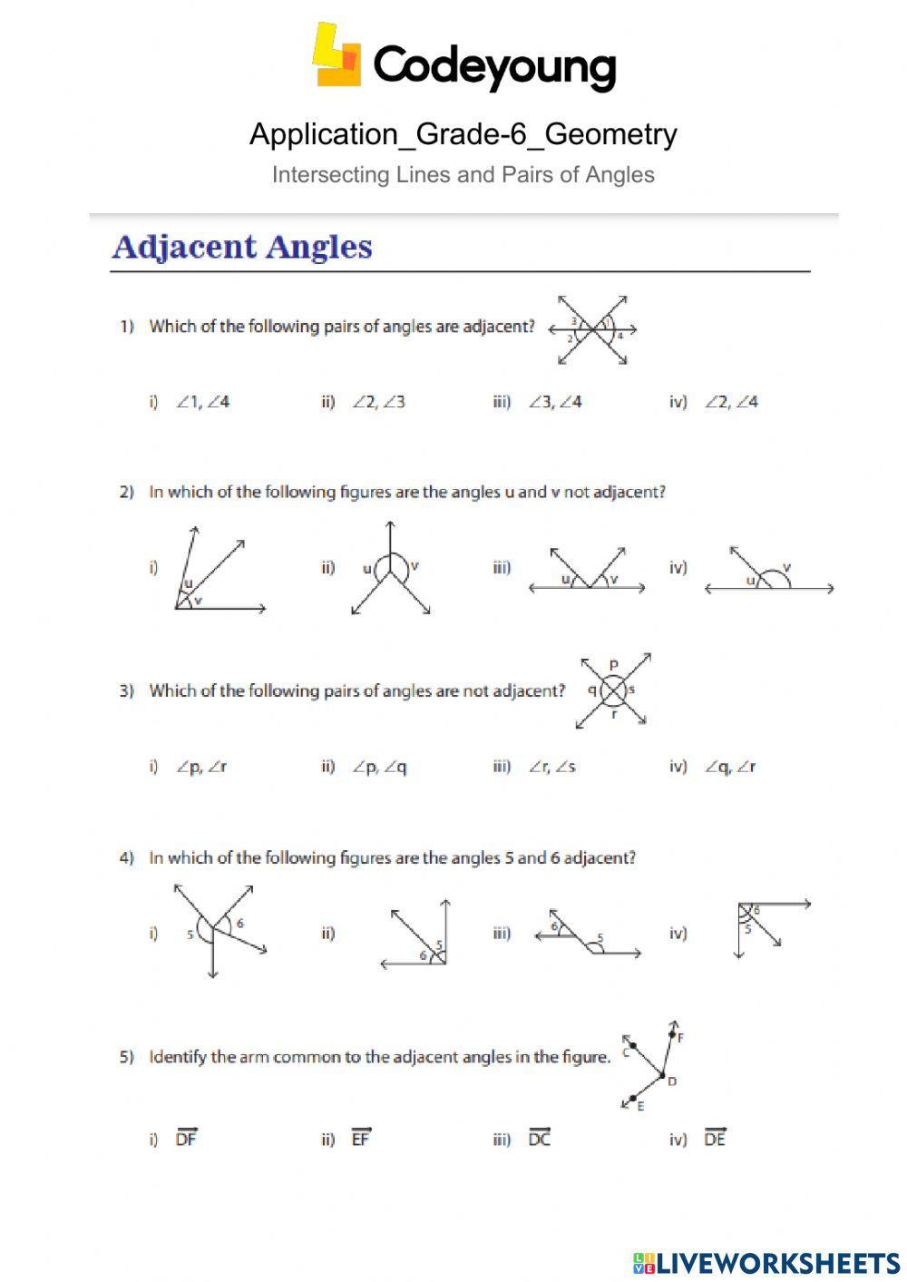 Intersecting Lines and Pairs of Angles Application