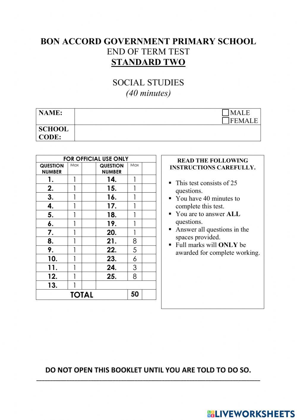 Std2 S. Studies Term III Promo Test online exercise for | Live Worksheets