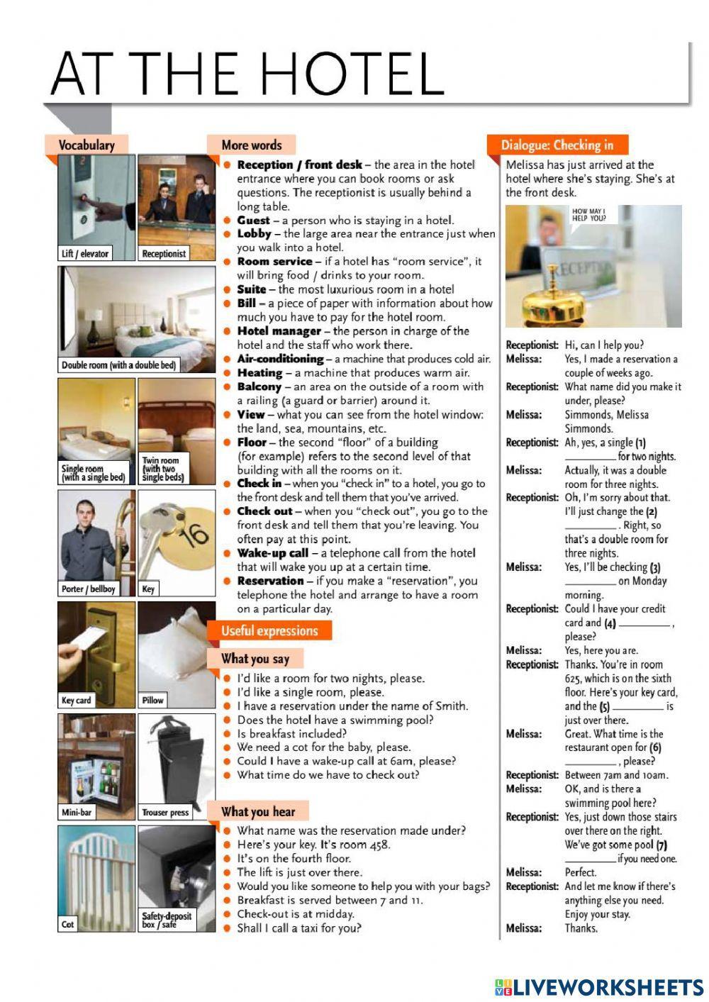 At the Hotel | Free Interactive Worksheets | 2079627