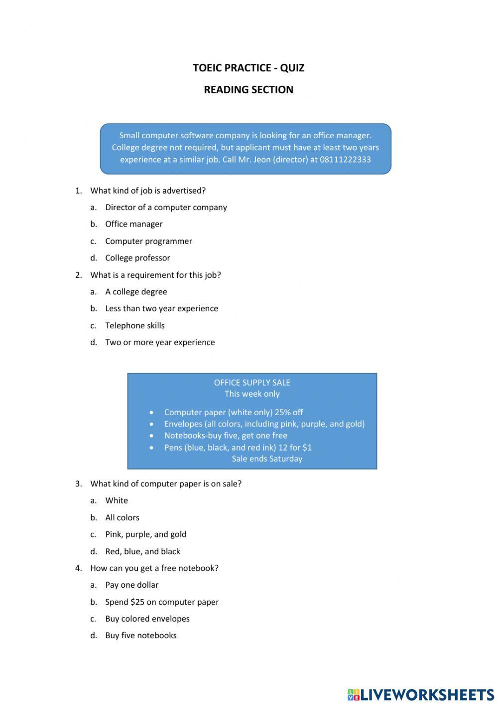 TOEIC READING QUIZ online exercise for | Live Worksheets