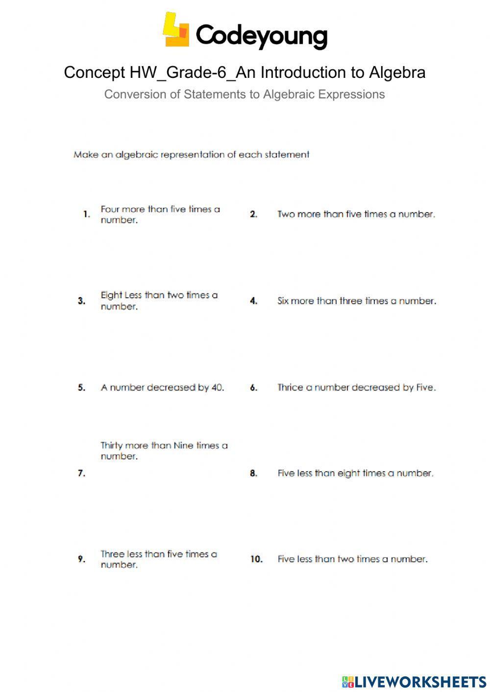 Conversion of Statements to Algebraic Expressions Concept HW worksheet ...