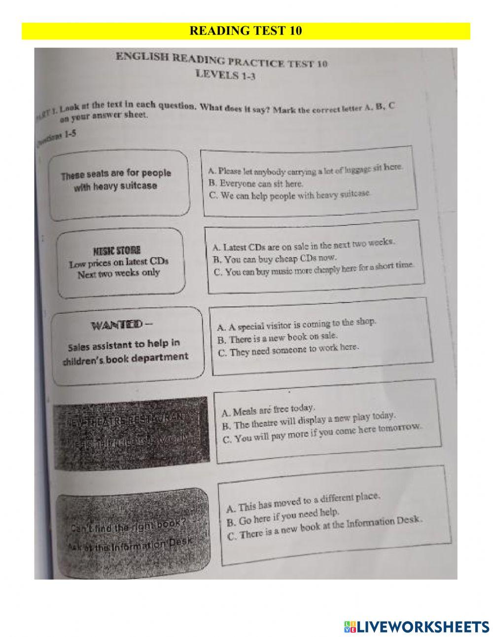 A2-reading-test 10 interactive worksheet | Live Worksheets