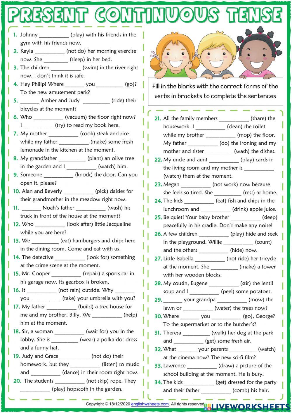 Present Continuous Tense online exercise for Grade 12 | Live Worksheets