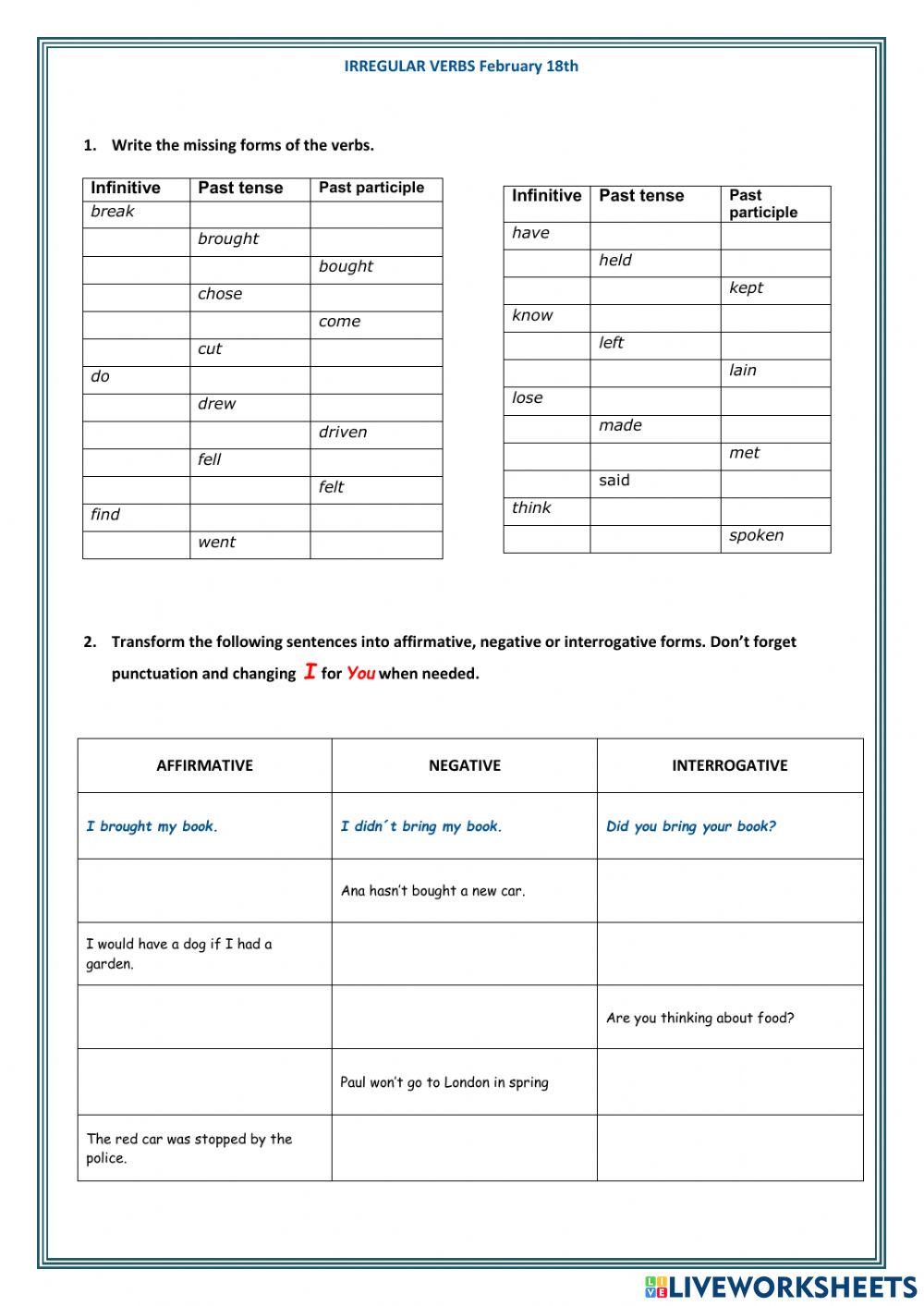 Irregular Verbs 18th February worksheet | Live Worksheets