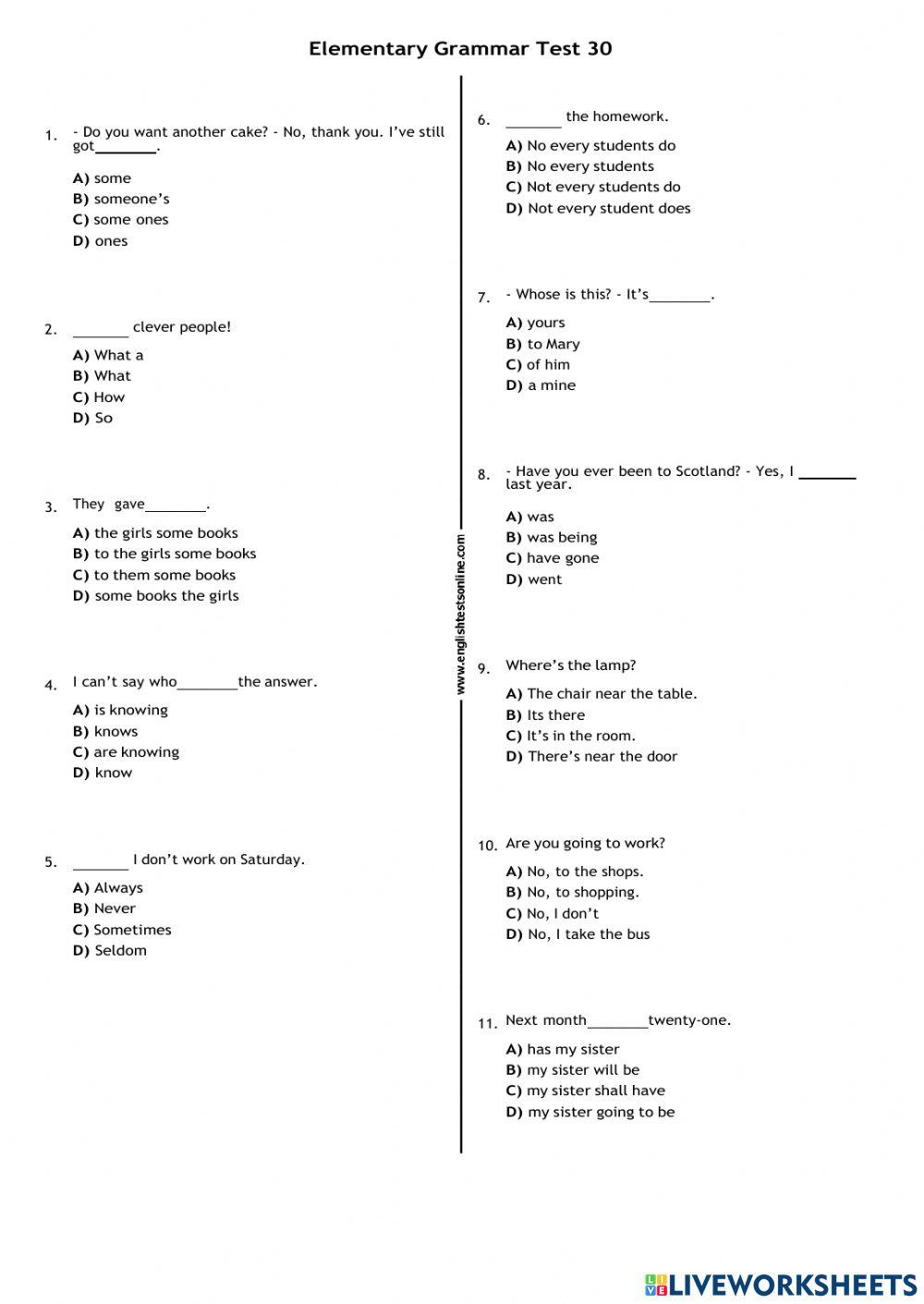 Elementary test online activity | Live Worksheets