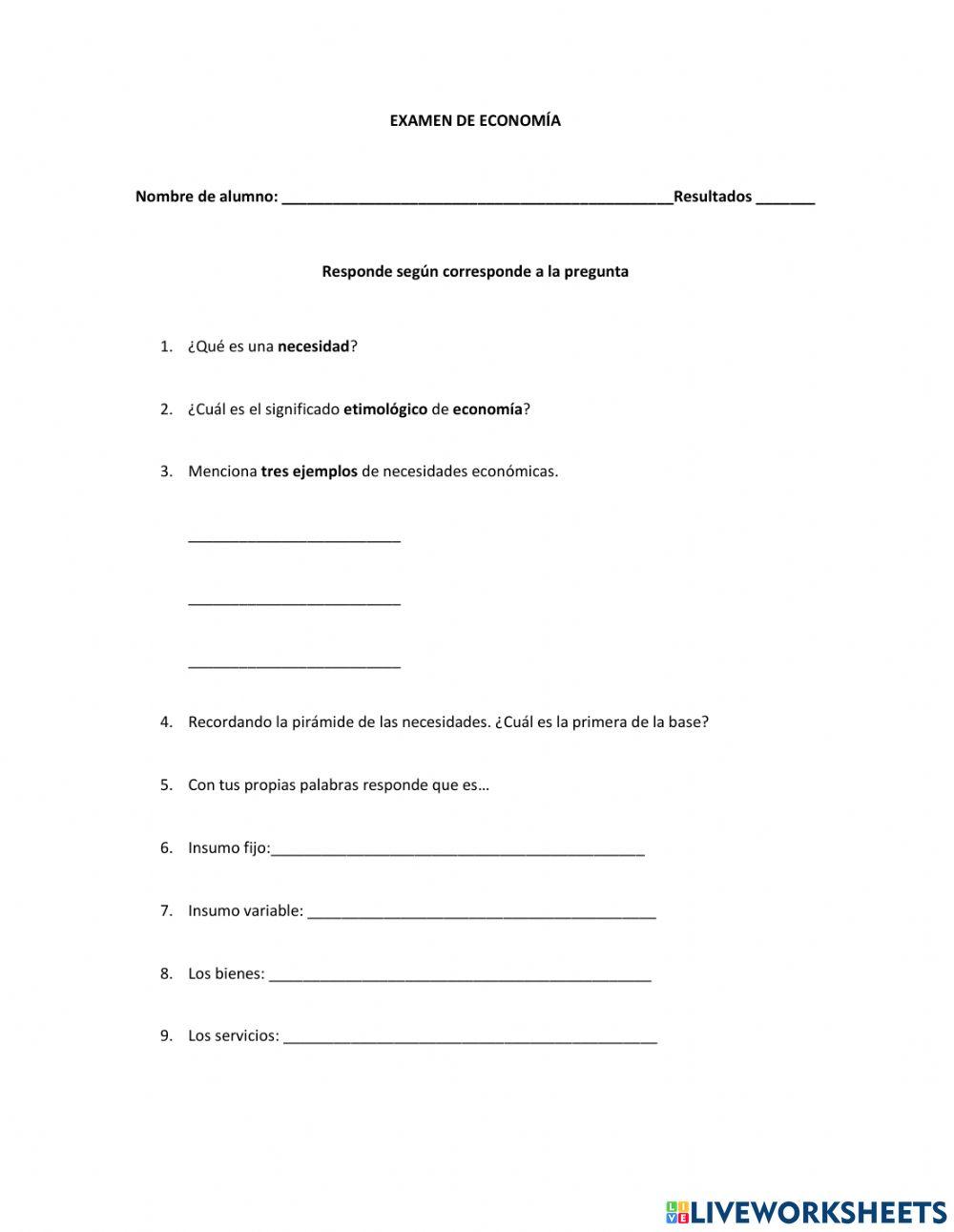 Examen economia worksheet | Live Worksheets