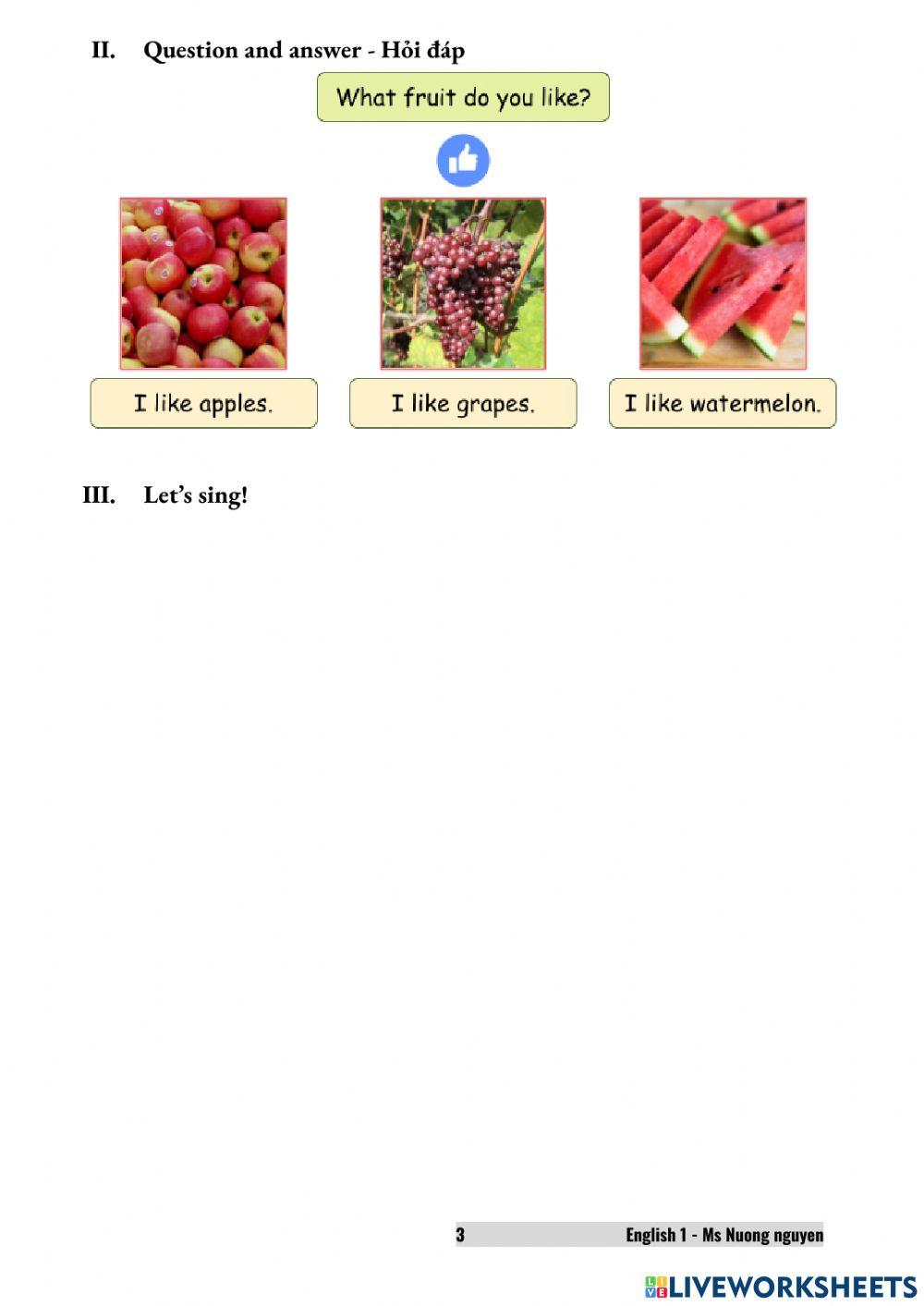 E1U11 What fruit do you like? -nuongnguyen worksheet | Live Worksheets