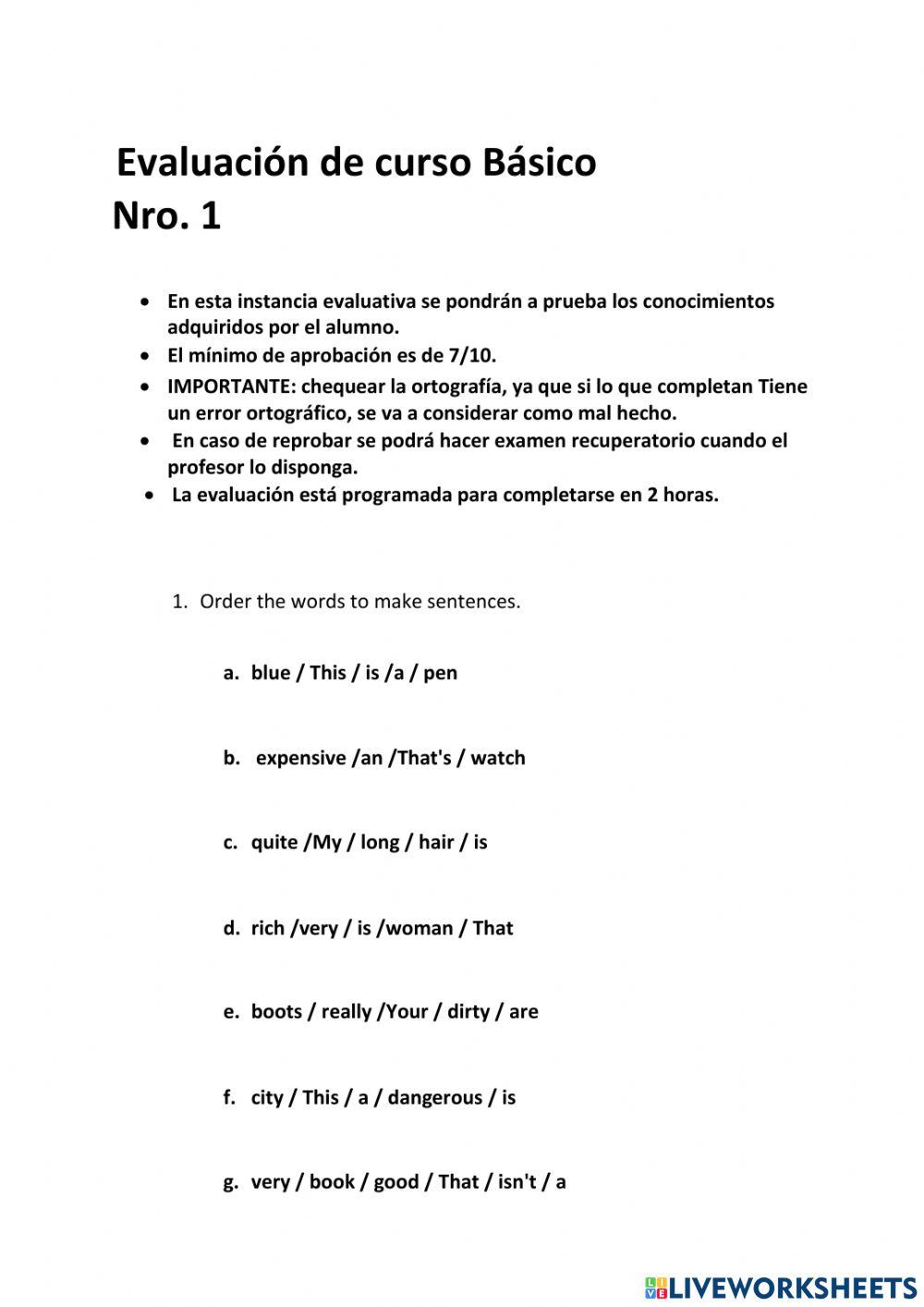Evaluacion de Basico Nro 1 online exercise for | Live Worksheets