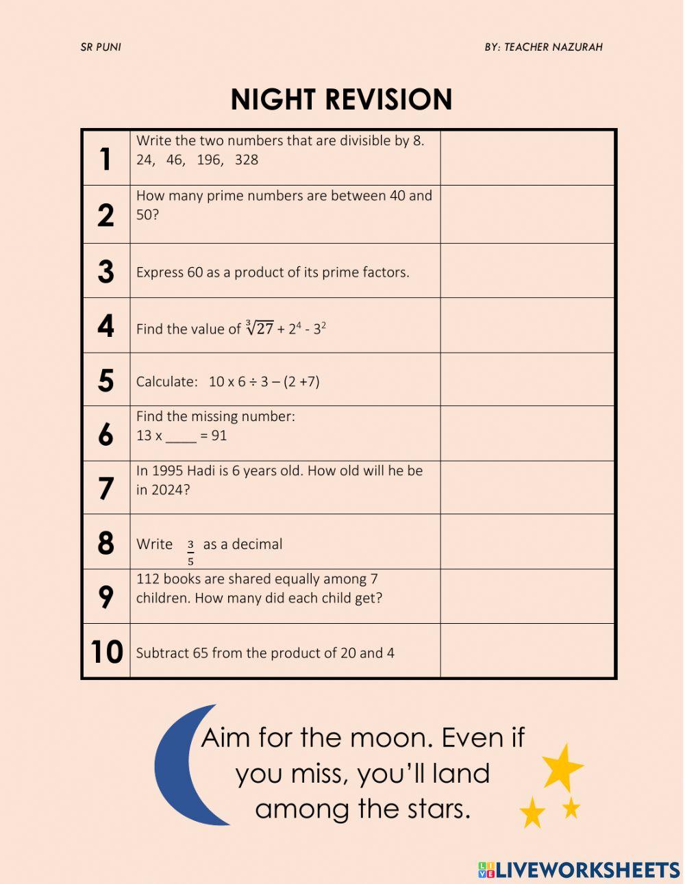 PSR Night Revision worksheet | Live Worksheets