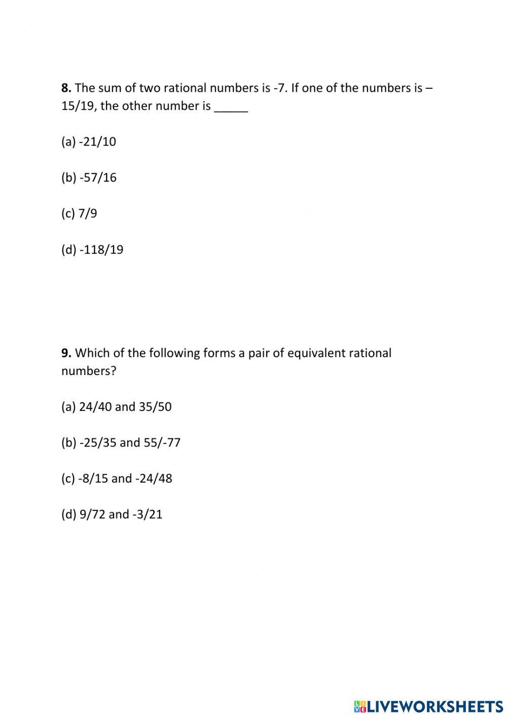 RDP Session-CW-G8-Rational-number worksheet | Live Worksheets