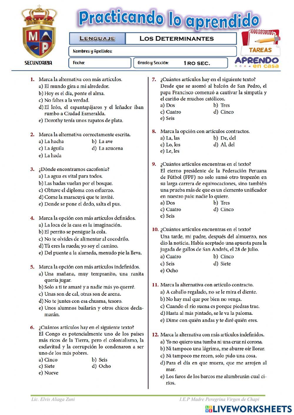 DETERMINANTES 1º worksheet | Live Worksheets