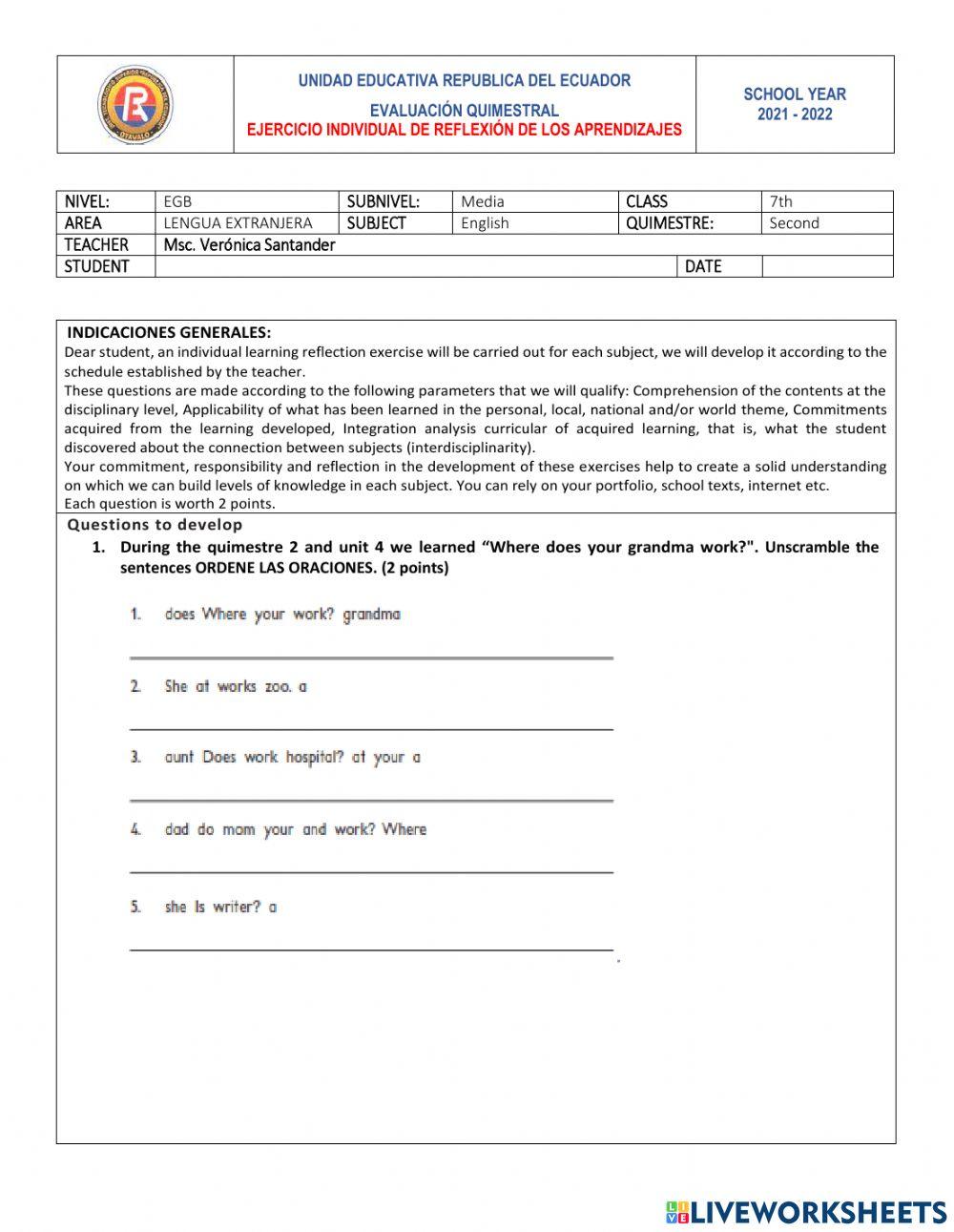 English exam 7th interactive worksheet | Live Worksheets