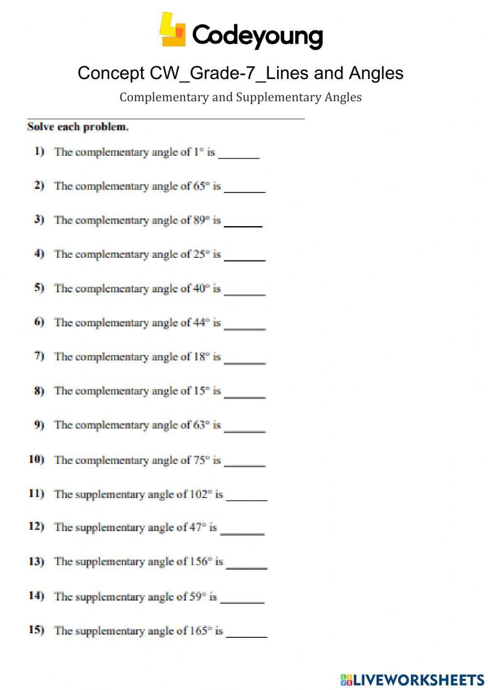 complementary angles worksheet grade 4