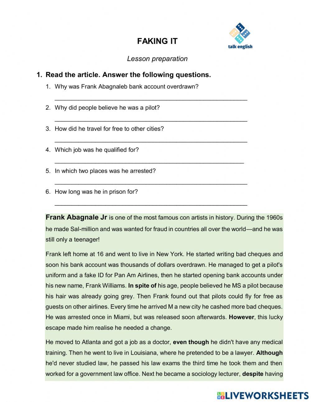 FAKING IT Lesson preparation worksheet | Live Worksheets