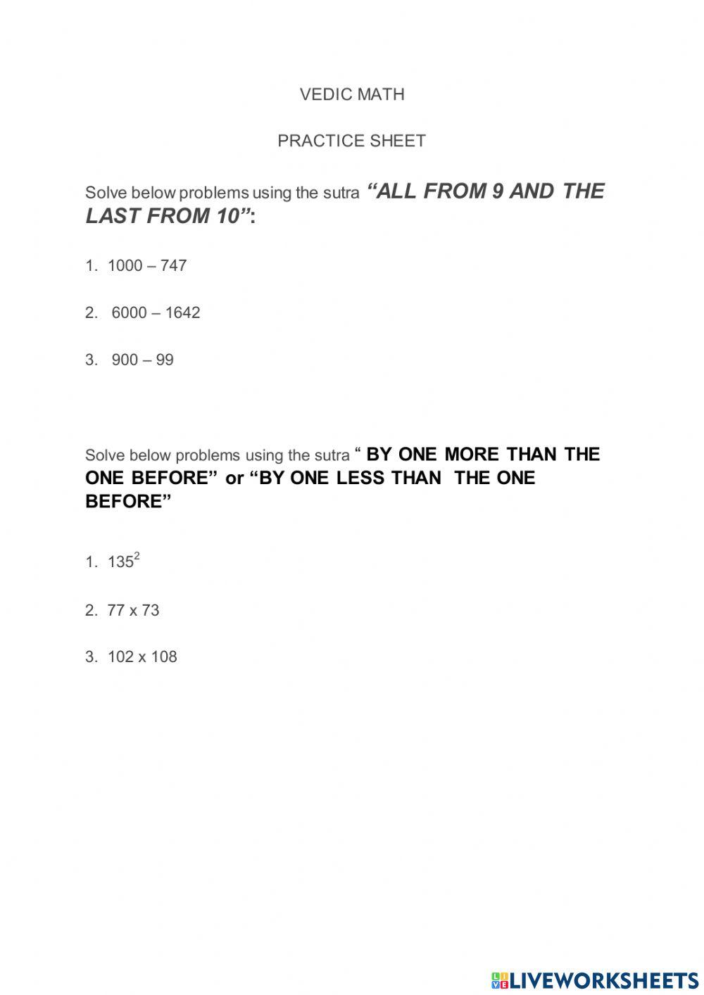 VEDIC MATH online exercise for | Live Worksheets