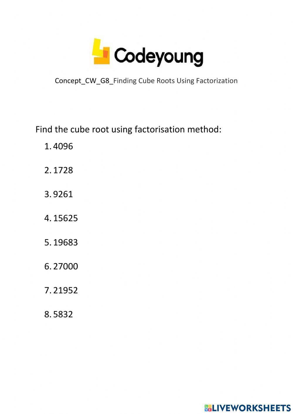 Concept-CW-G8-Finding Cube Roots Using Factorization worksheet | Live ...