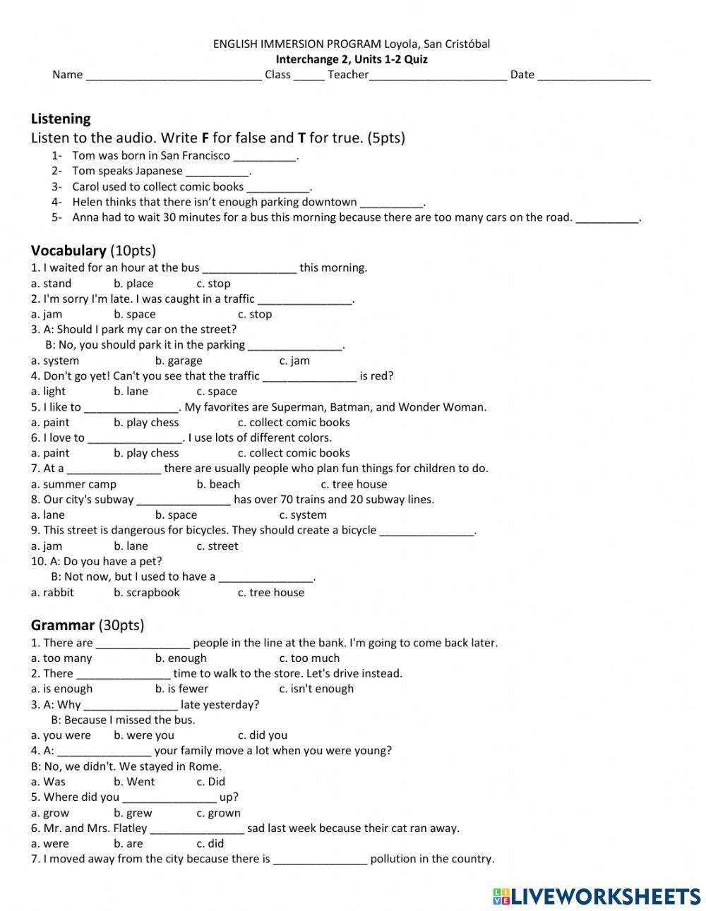 Unit 1-2 Grammar Quiz Interchange Worksheet Live Worksheets, 48% OFF Unit 1-2 Grammar Quiz Interchange Worksheet Live Worksheets, 48% OFF