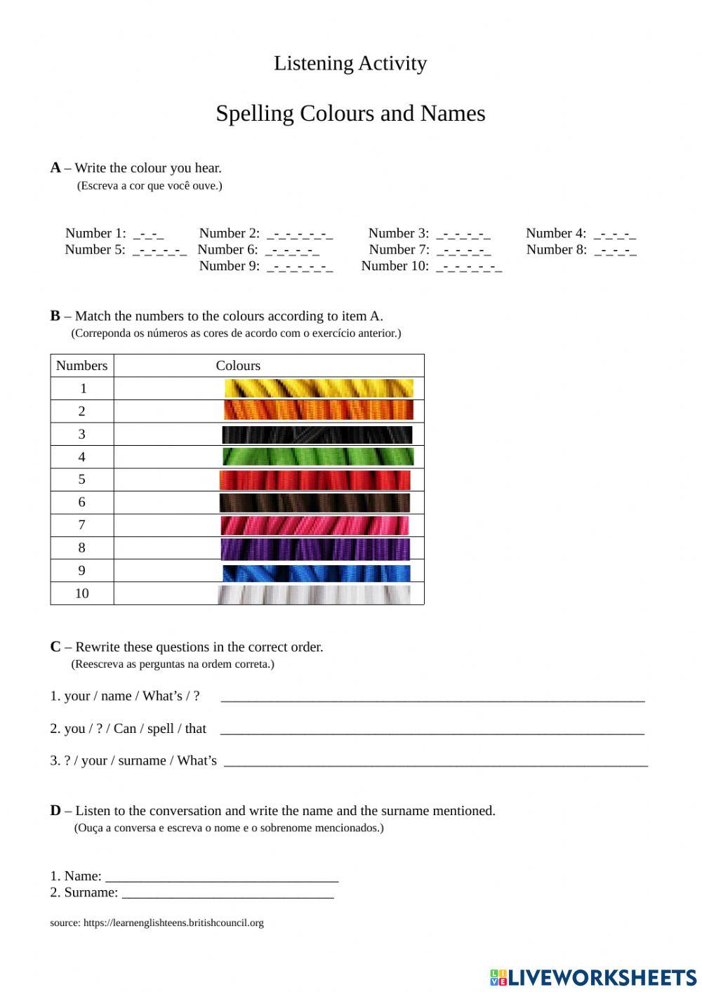 Spelling Colours and Names List.Comp. worksheet | Live Worksheets